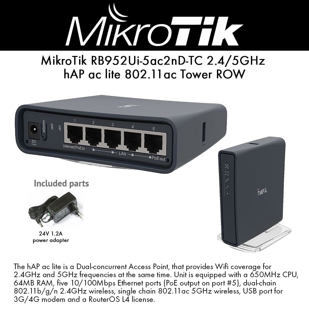 MikroTik RB952Ui-5ac2nD-TC 2.4/5GHz hAP AC Lite 802.11ac Tower ROW PoE ...
