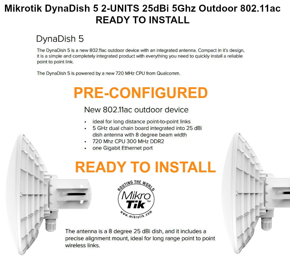 Mikrotik DynaDish 5 2-UNITS READY TO INSTALL 25dBi 5Ghz PTP Outdoor 802 ...