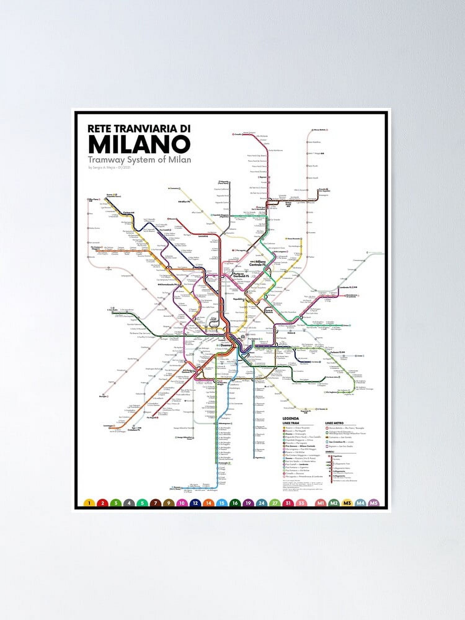 Milan Tramway System Map + Metro Poster - Walmart.com