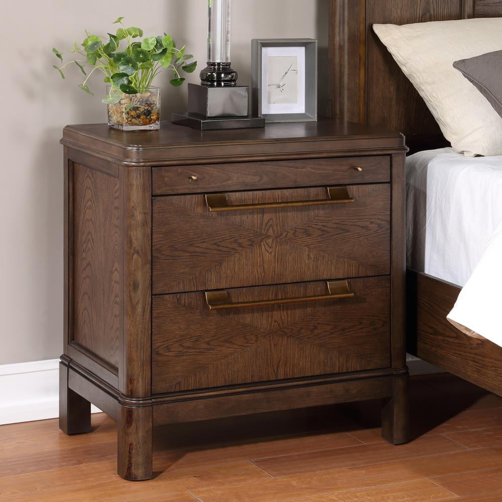 Milan Collection Warm Brown Walnut 2-Drawer Nightstand with Sunburst ...