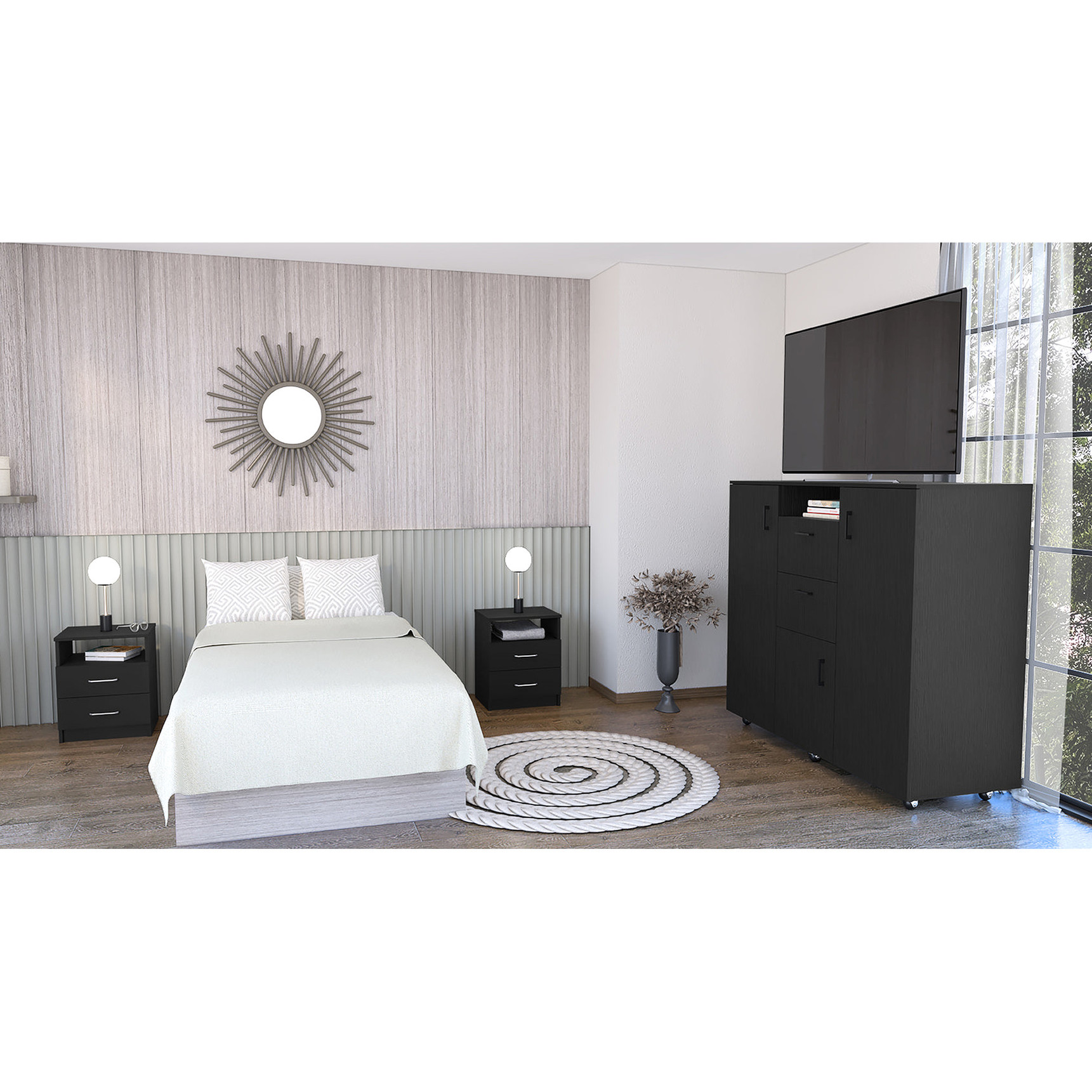 Milano Double Door Cabinet + 2 Nightstands, Pre-drilled Holes, Clear ...