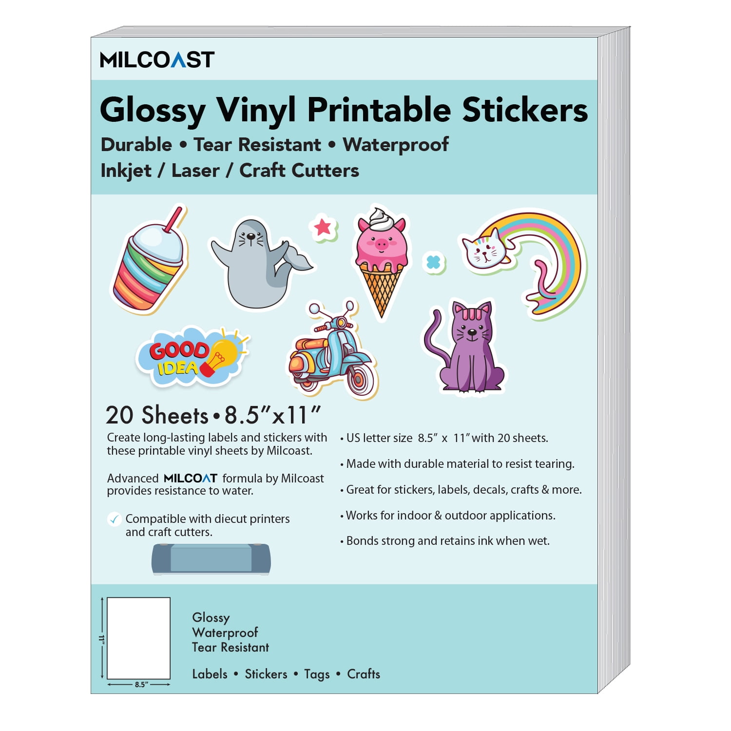 Milcoast Glossy Waterproof Printable Vinyl Sticker Paper, Inkjet Laser ...