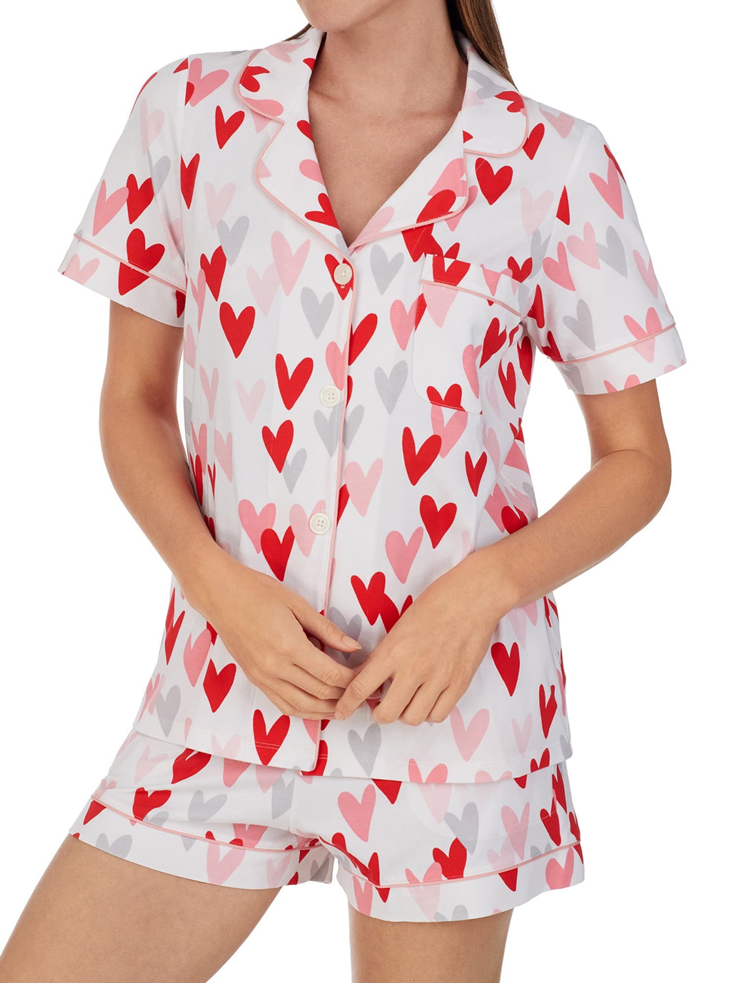 Mildsown Valentine Day Women’s Satin 2 Pieces Pajama Set, Summer Short Sleeve Lapel Neck Button ...