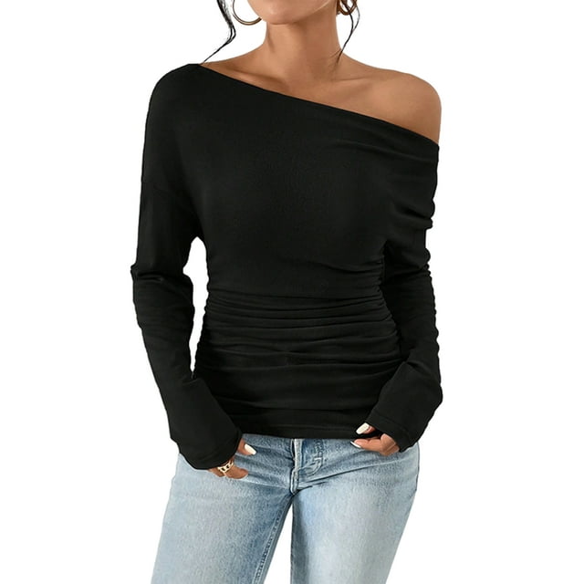Mildsown Women's Asymmetric One Off Shoulder Long Sleeve Crop Top ...