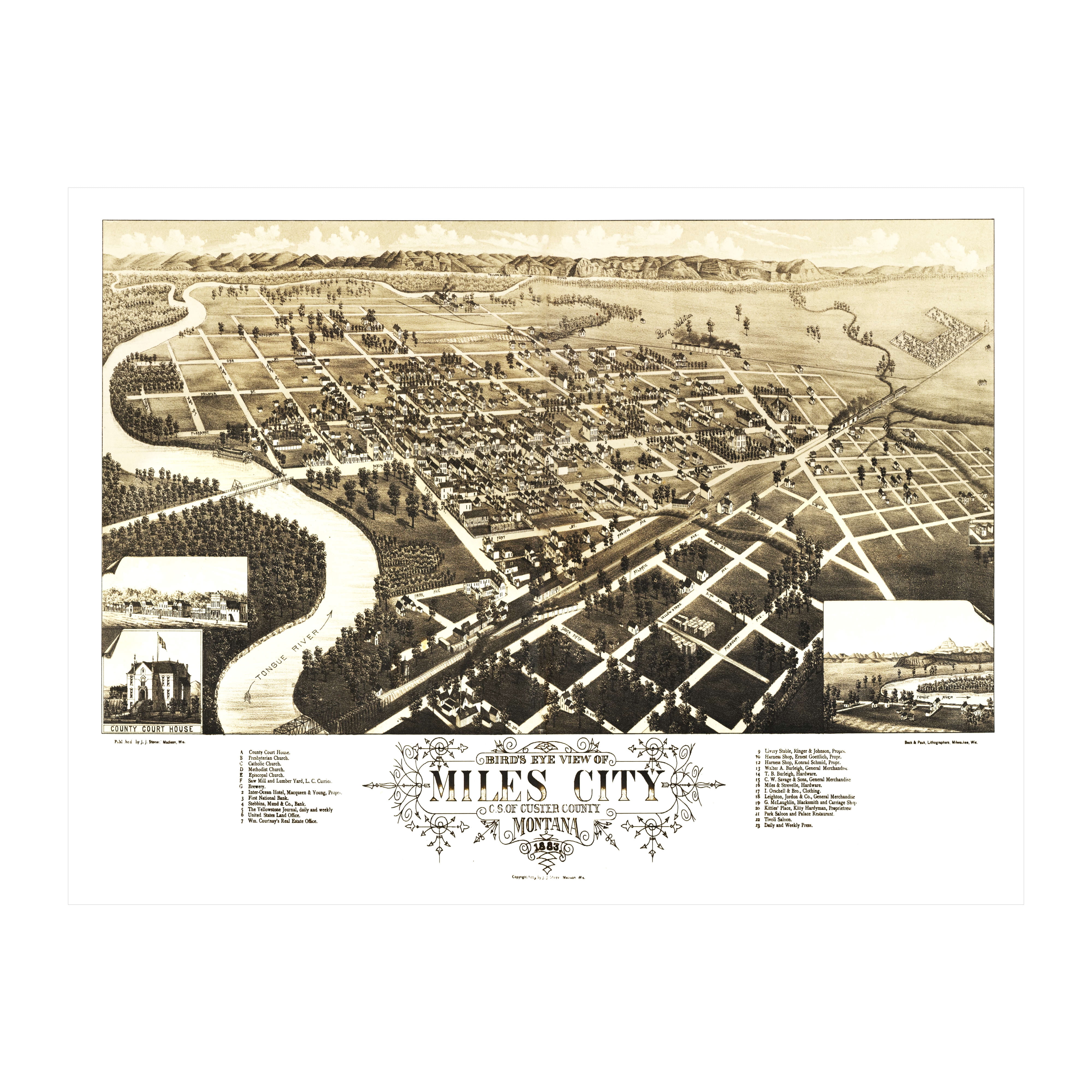 Miles City Art, 1883 Vintage Map of Miles City Montana, MT History Wall ...
