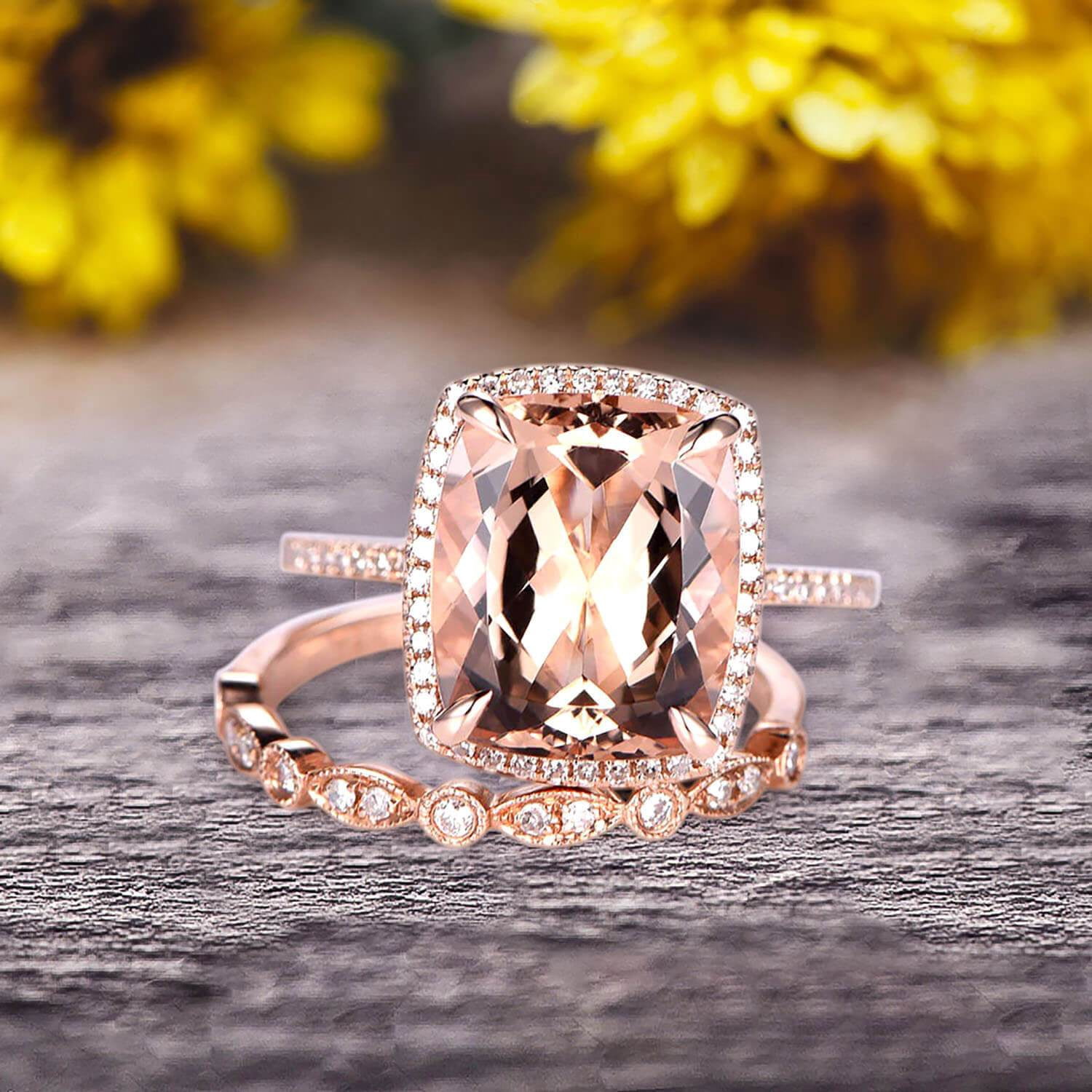 Milgrain 2.55 Carat Wedding Ring Set Big 7mm Cushion Cut Morganite ...