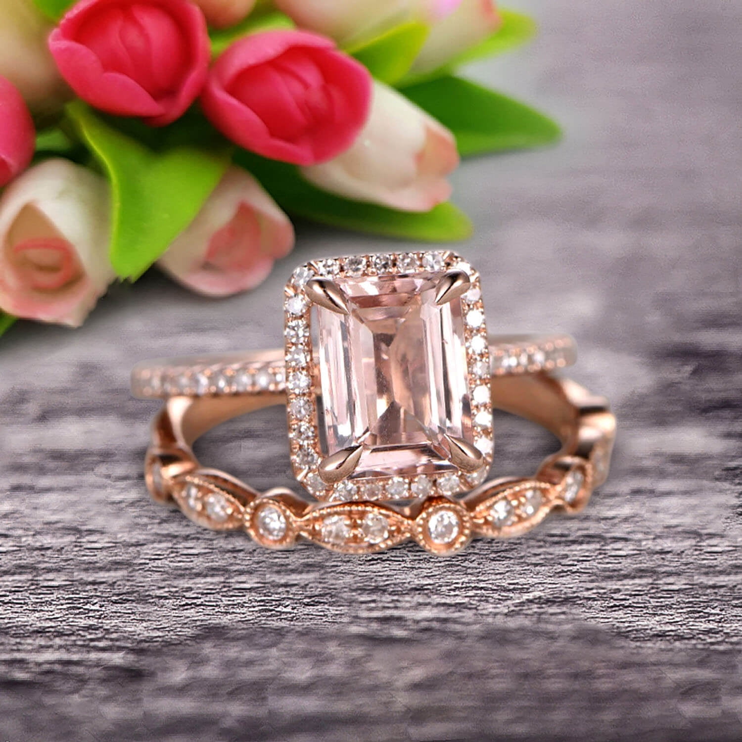 Milgrain Art Deco 1.75 Carat Emerald Cut Morganite Wedding Set ...