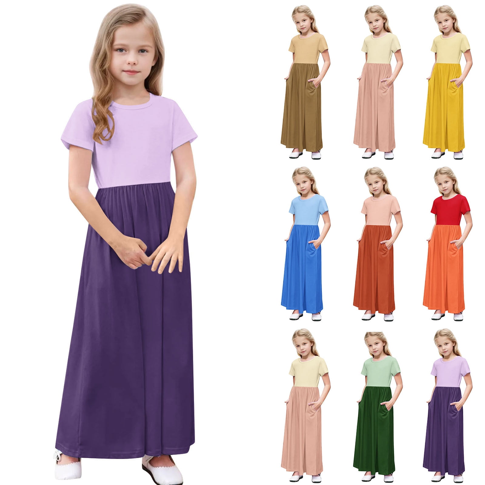 Mevxay 2025 Color Block Long Maxi Dress for Girls Pleated Short Sleeve ...