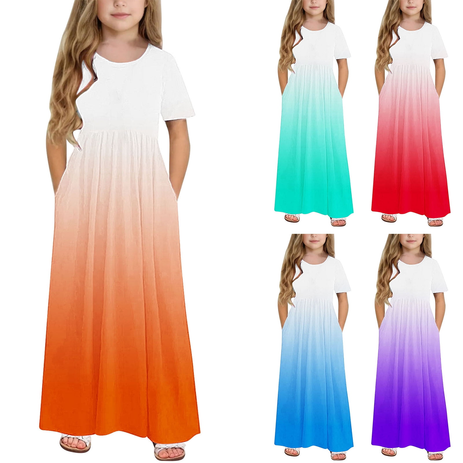 Milgrthf 2025 Gradient Maxi Dress for Girls Pleated Short Sleeve Casual ...