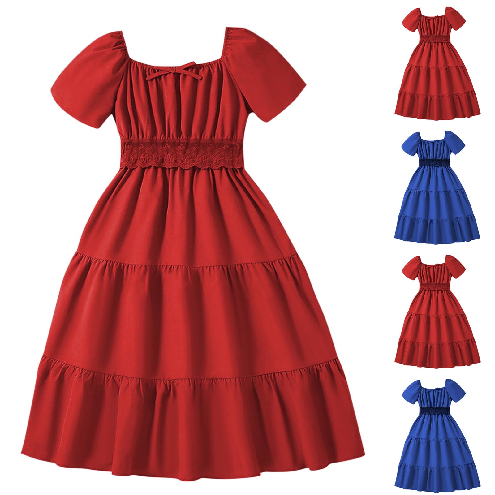 Qodauz Girl's Puff Short Sleeve Princess Dresses Lace Waist Bow A-Line ...