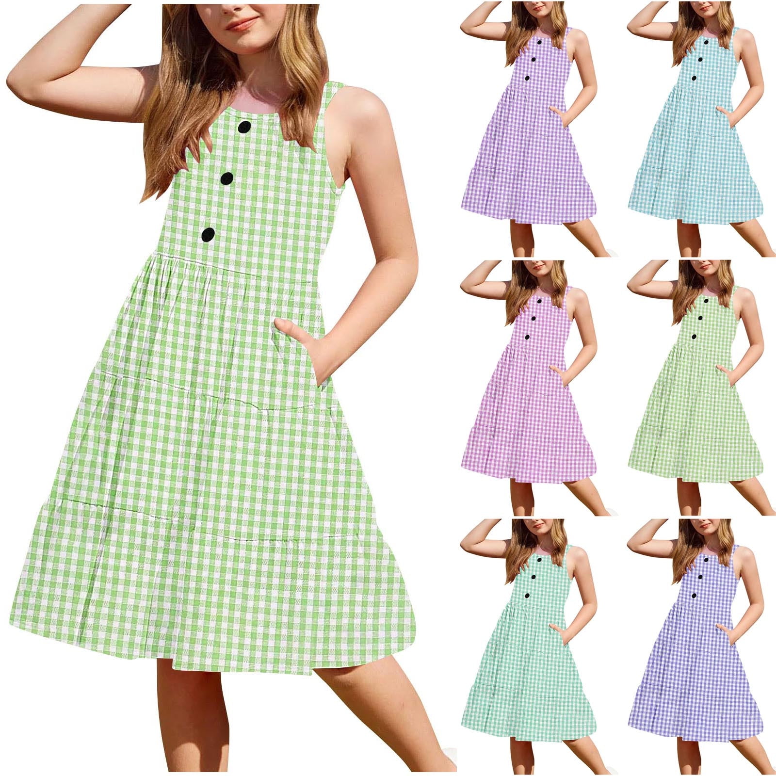 Qodauz Girl's Sleeveless Plaid Sundress with Pockets A-Line Summer ...