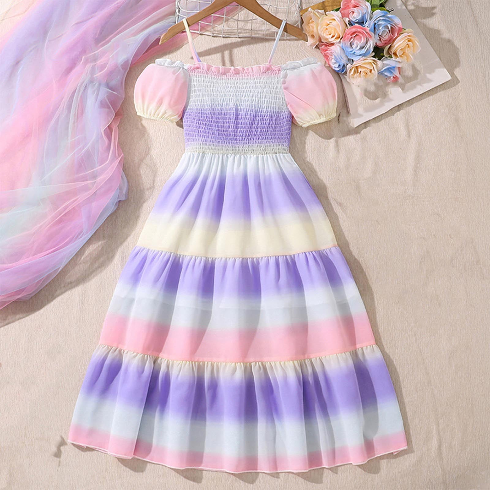 Milgrthf Girl's Smocked Party Dress Rainbow Gradient Off the Shoulder ...