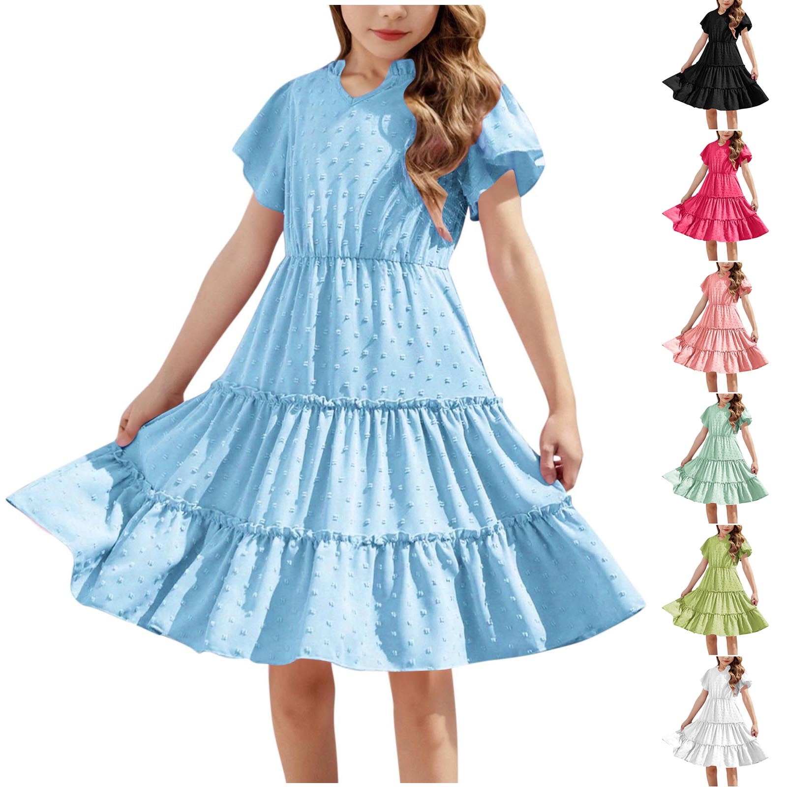 Mevxay Girl's Swiss Dot Midi Dress Ruffle Short Sleeve Tiered Smocked V ...
