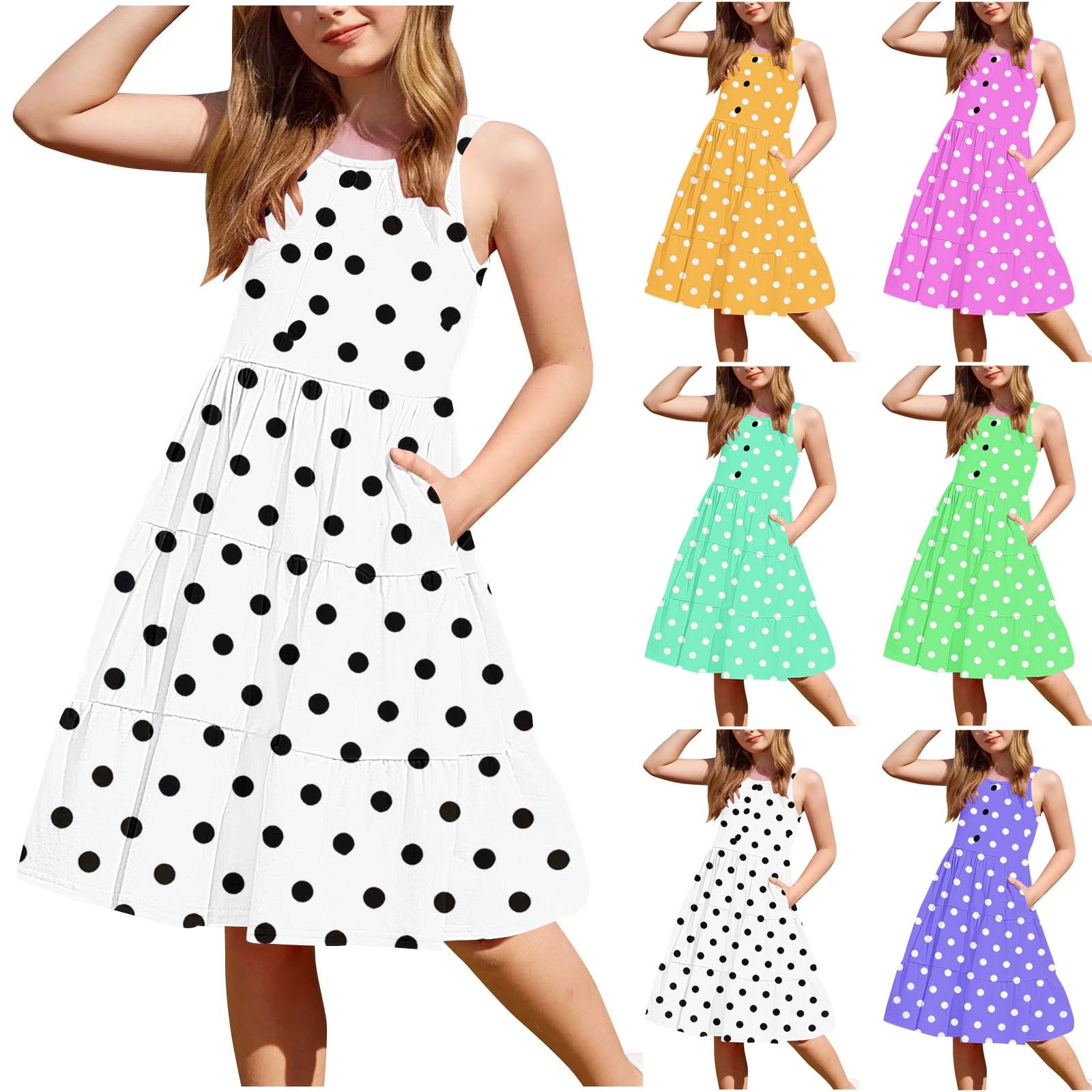 Milgrthf Polka Dot Sundress for Teen Girl Sleeveless Layered Button ...