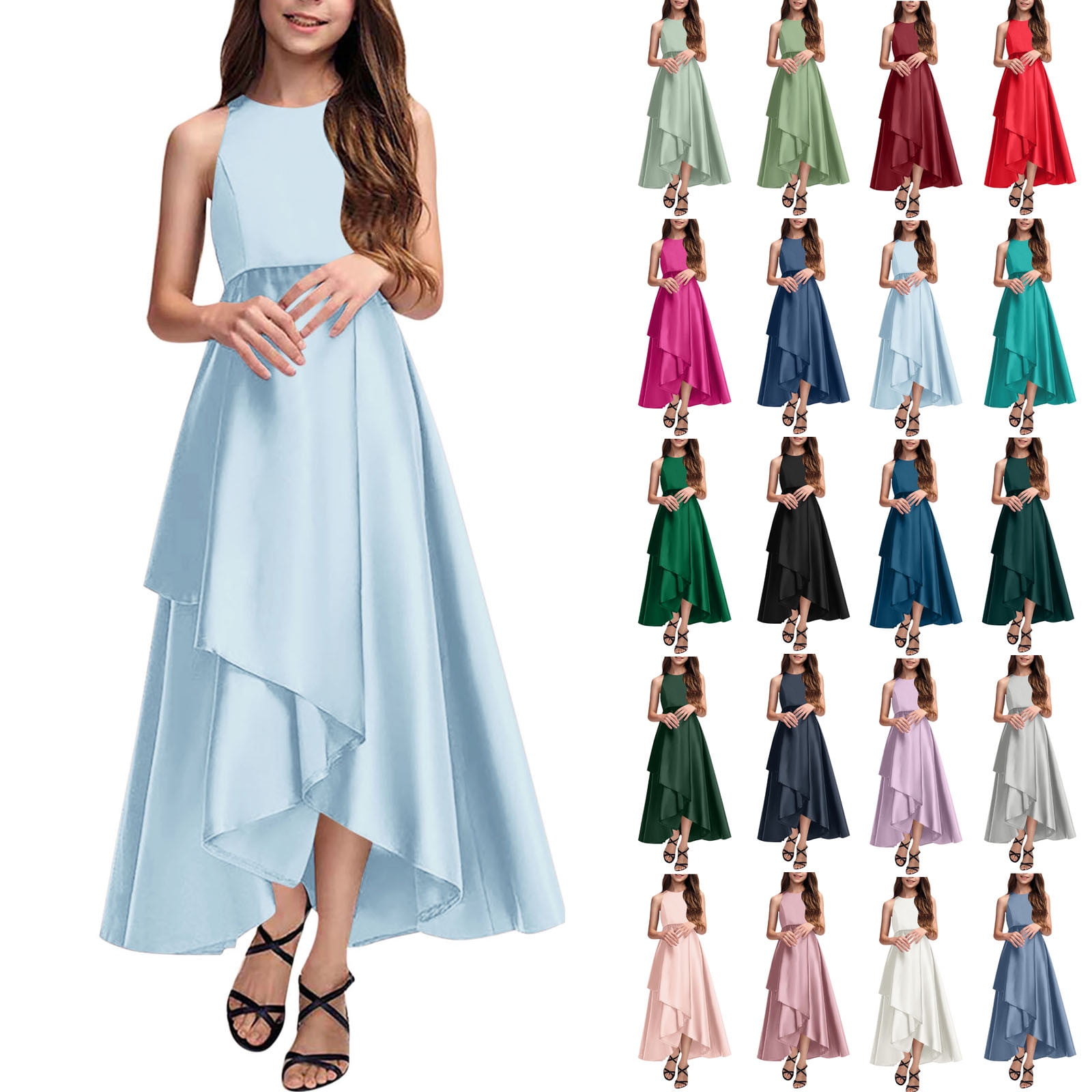 Mevxay Satin Flower Girl's Sleeveless Dress Elegant Irregular Hem Long Maxi Dress for Wedding ...