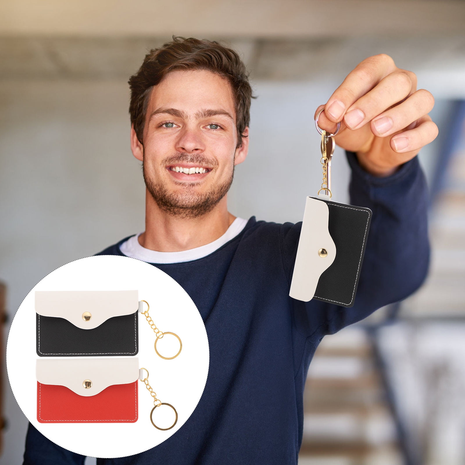 Milisten 2Pcs Black Pu Leather Key Ring Card Holder With For Men And ...