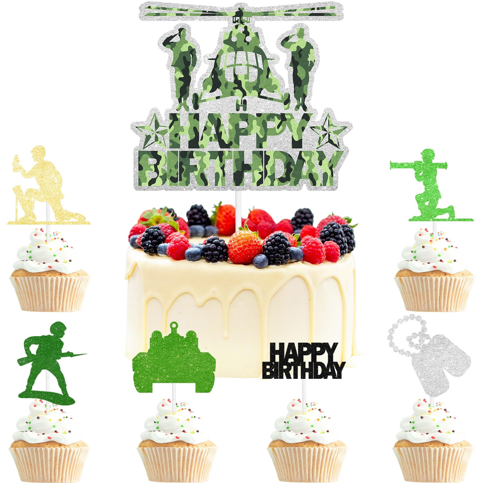 Military Cake ToppersEGSC Set of 7 Camouflage Themed Happy Army Air ...
