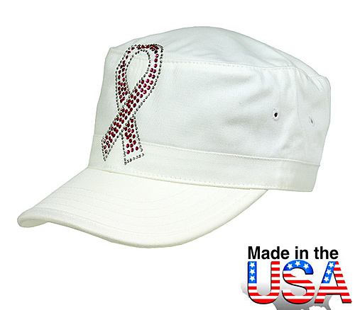 Military Cap w/ Jeweled Breast Cancer Awareness Sign - White - HT ...