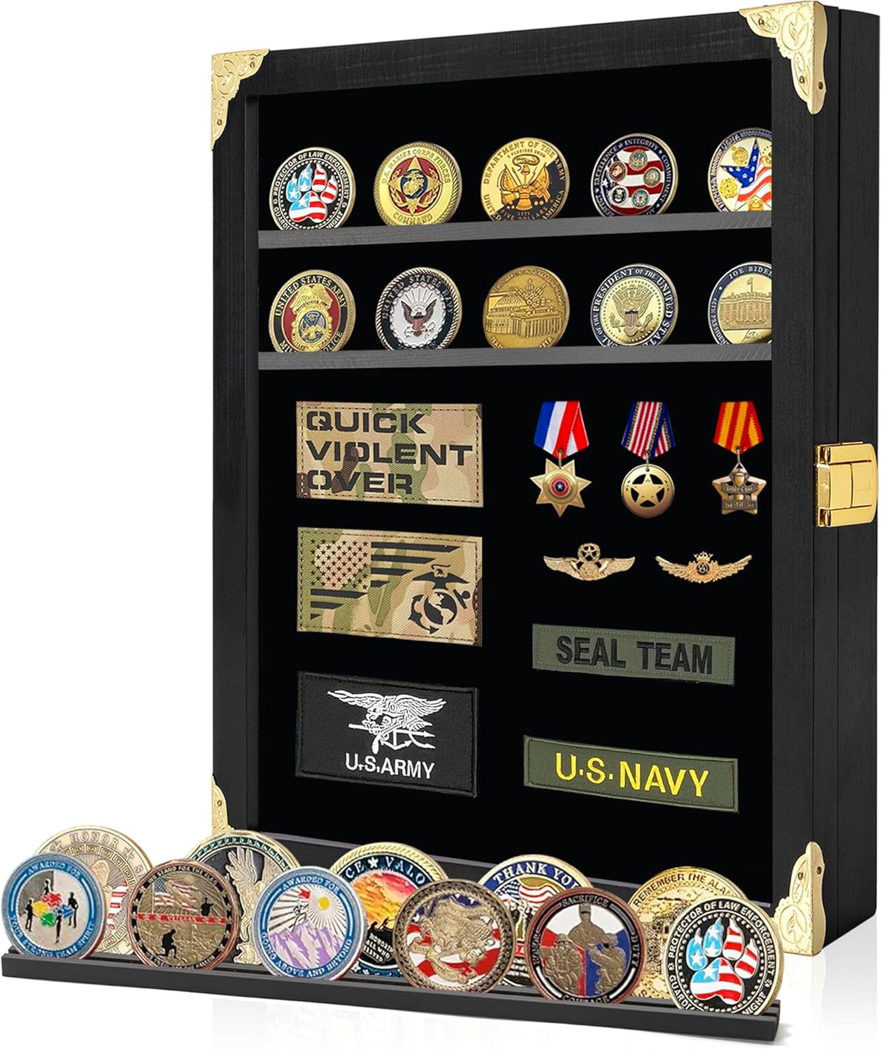 Military Challenge Coin Display Case with Acrylic Door - 5 Rows Medal ...