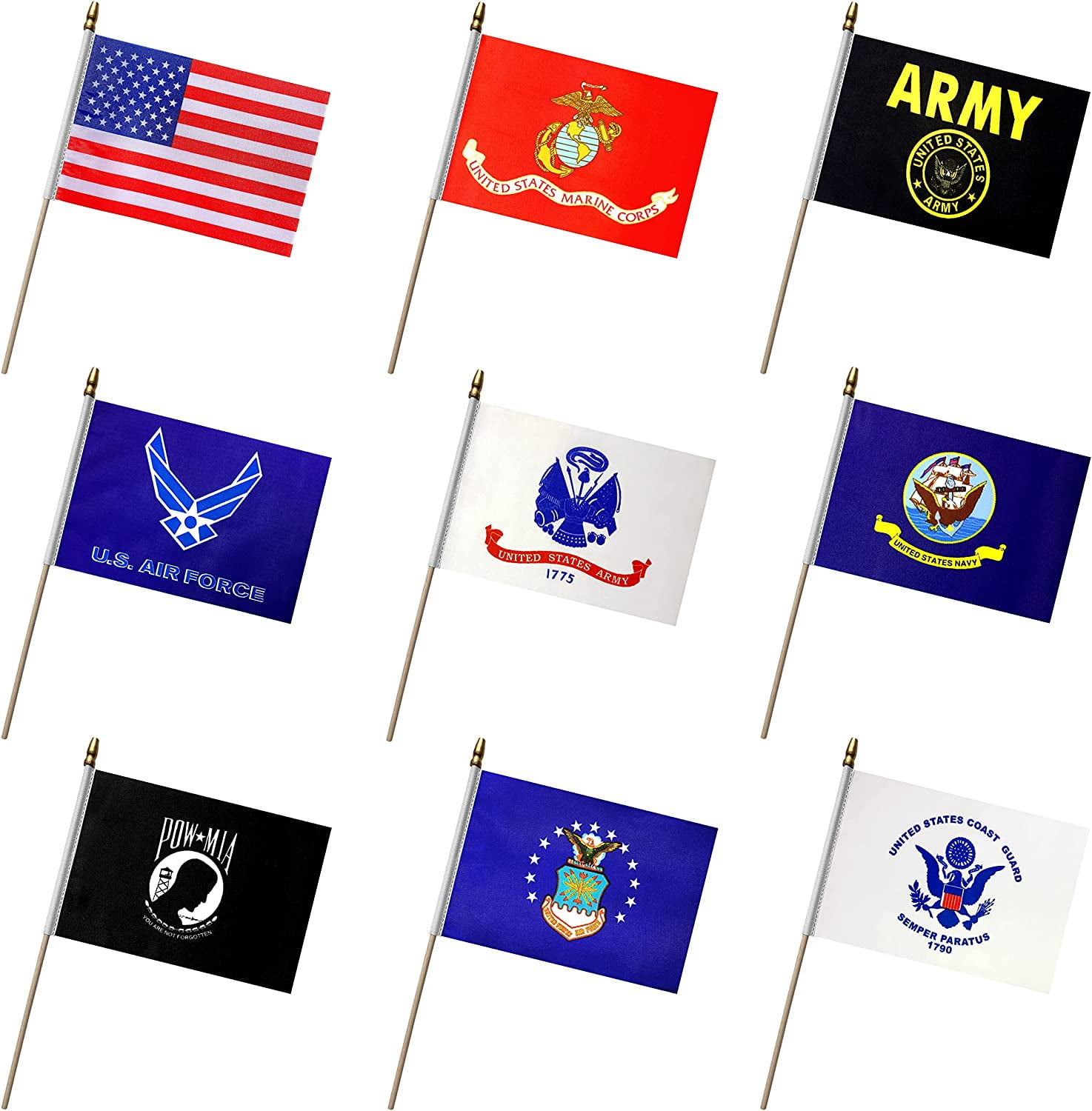 Military Flag Set Small Mini Army Armed Forces Hand Held Flags on Wooden Stick for Memorial Day ...