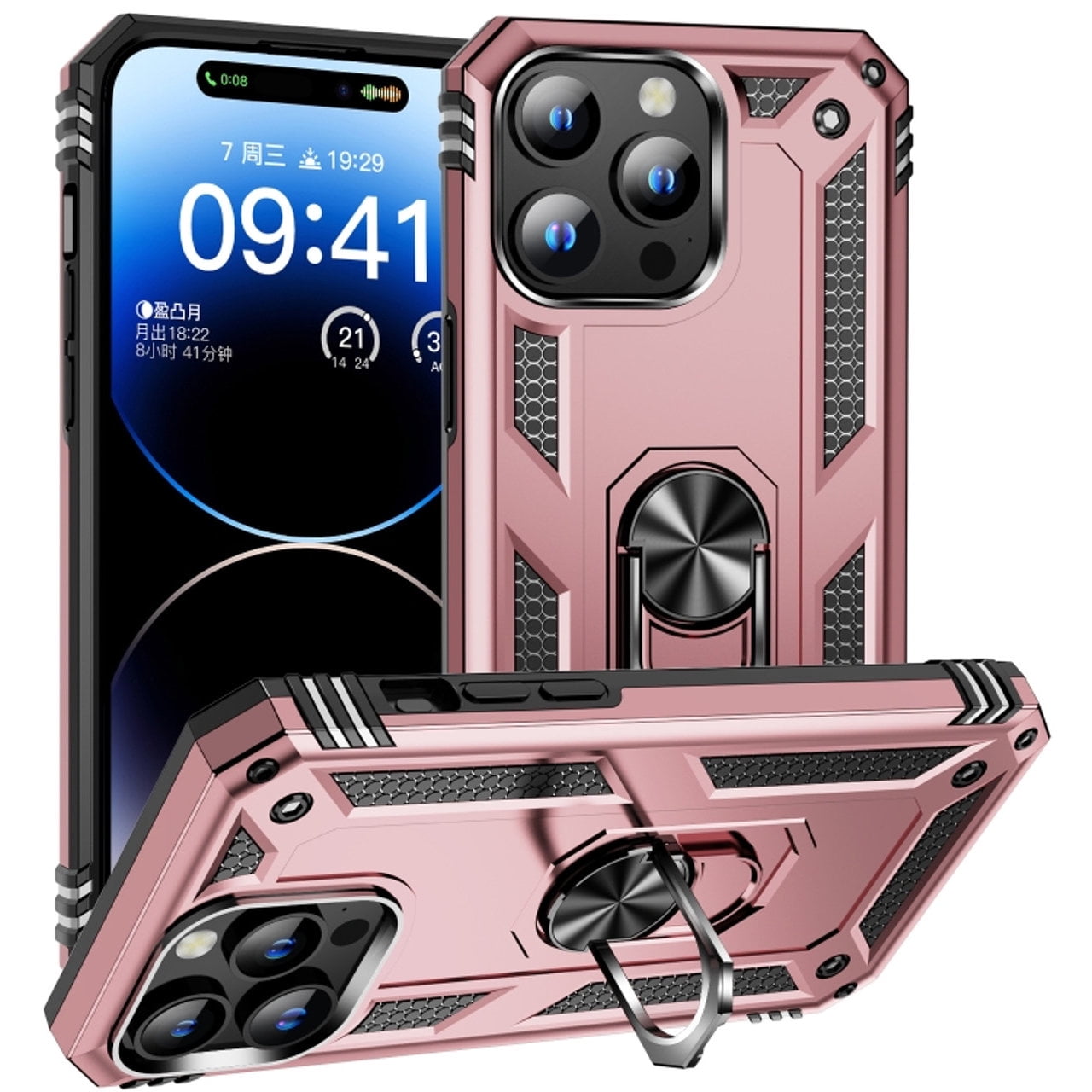 Military Grade Hybrid Case with Ring Grip for iPhone 15 Pro Max - Rose ...