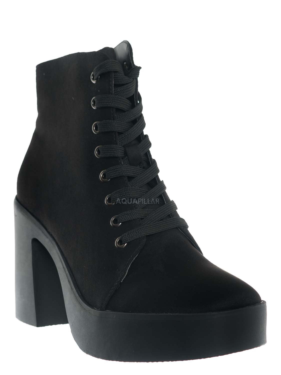 Military Lace Up Combat Ankle Boot On Chunky Block Heel Lug Sole Bootie ...