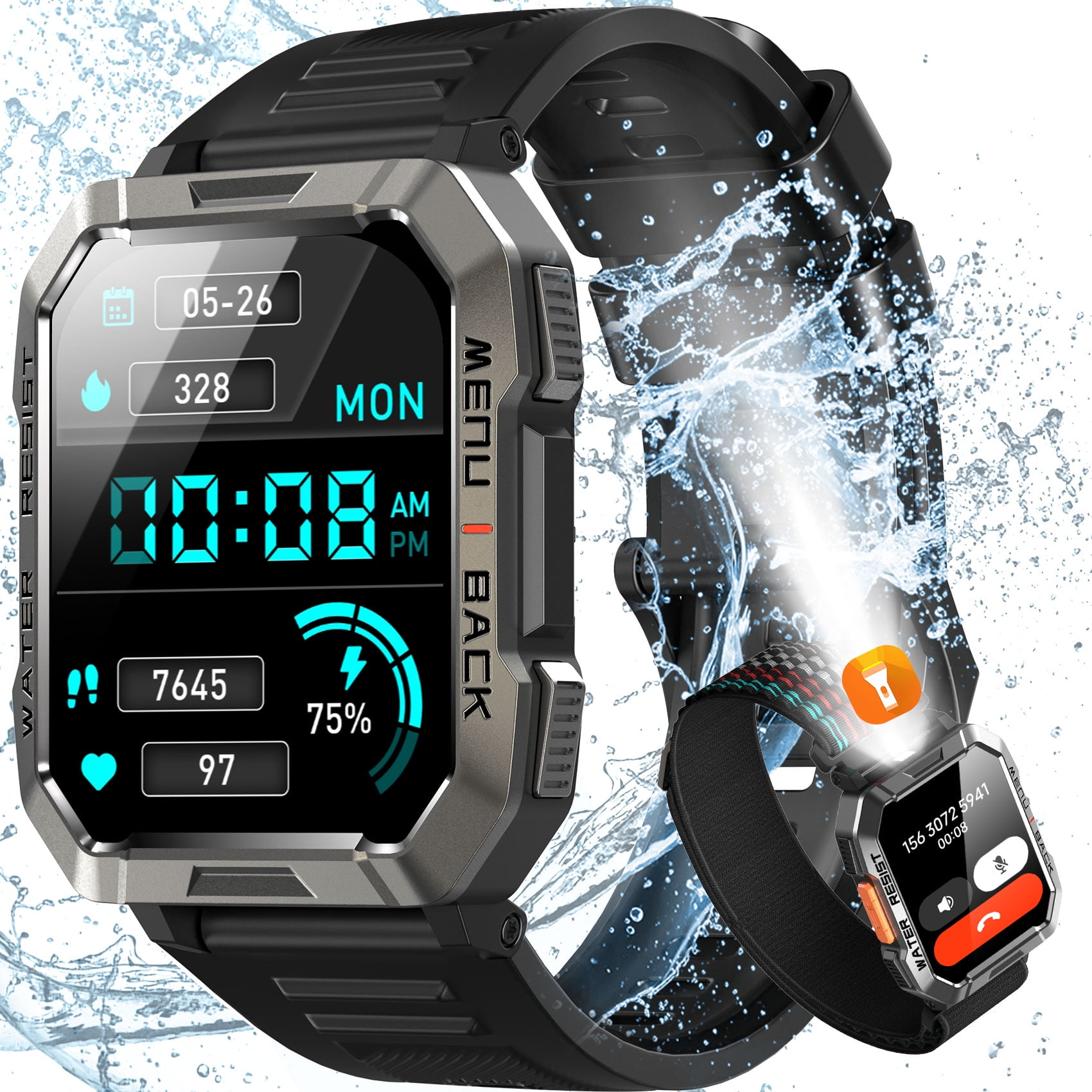 Military SOS Smart Watch for Men Bluetooth (Call Receive/Dial) with LED ...