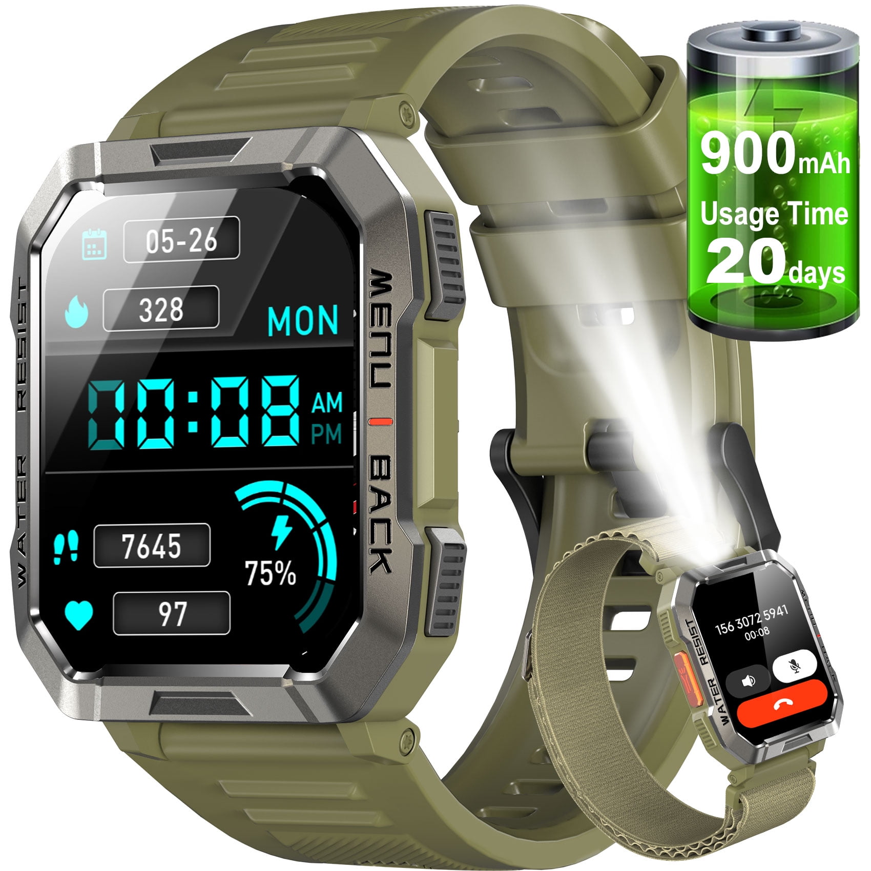 Military SOS Smart Watch for Men Bluetooth (Call Receive/Dial) with LED ...