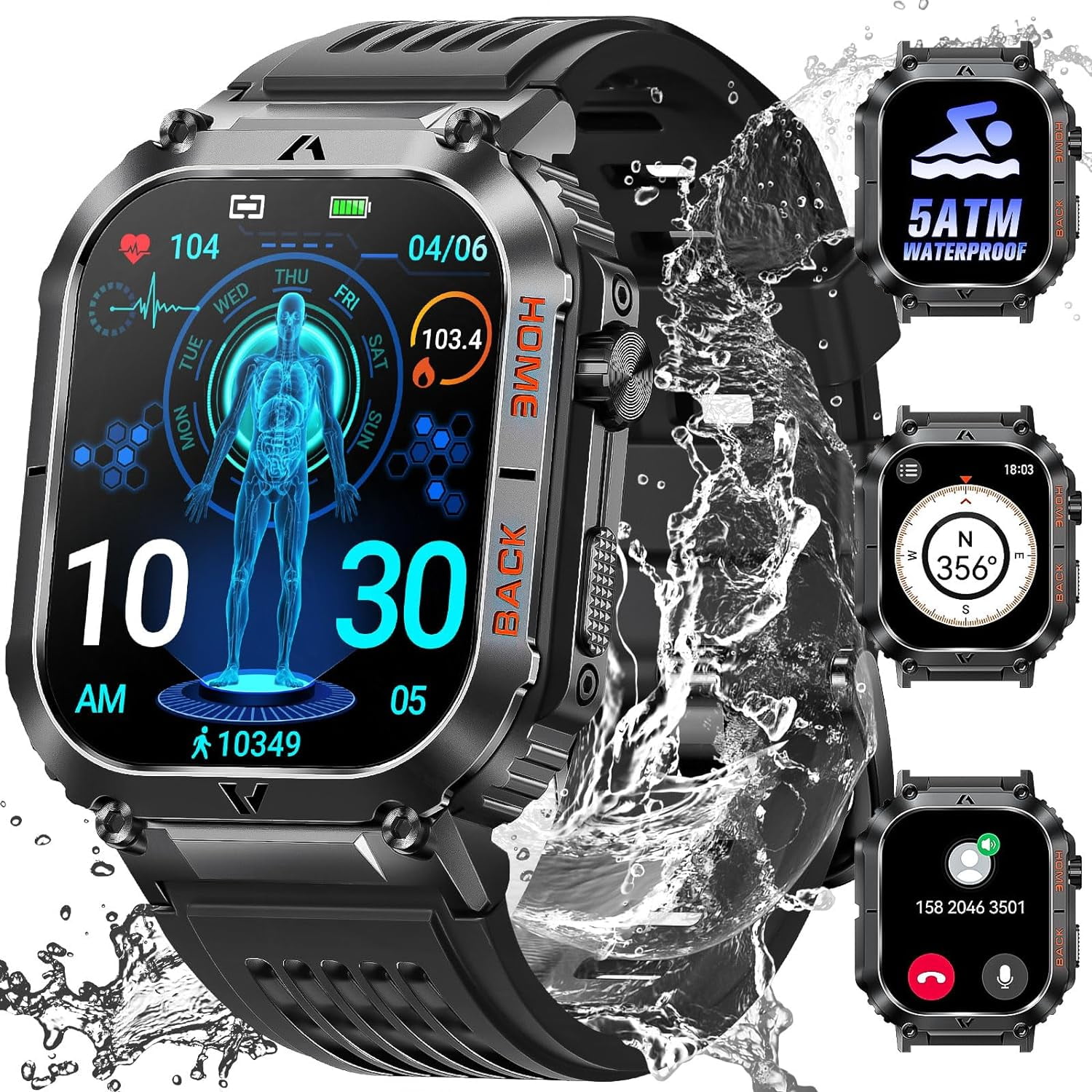 Military Smart Watches for Men 1.96” HD Big Screen Rugged Smart Watch ...