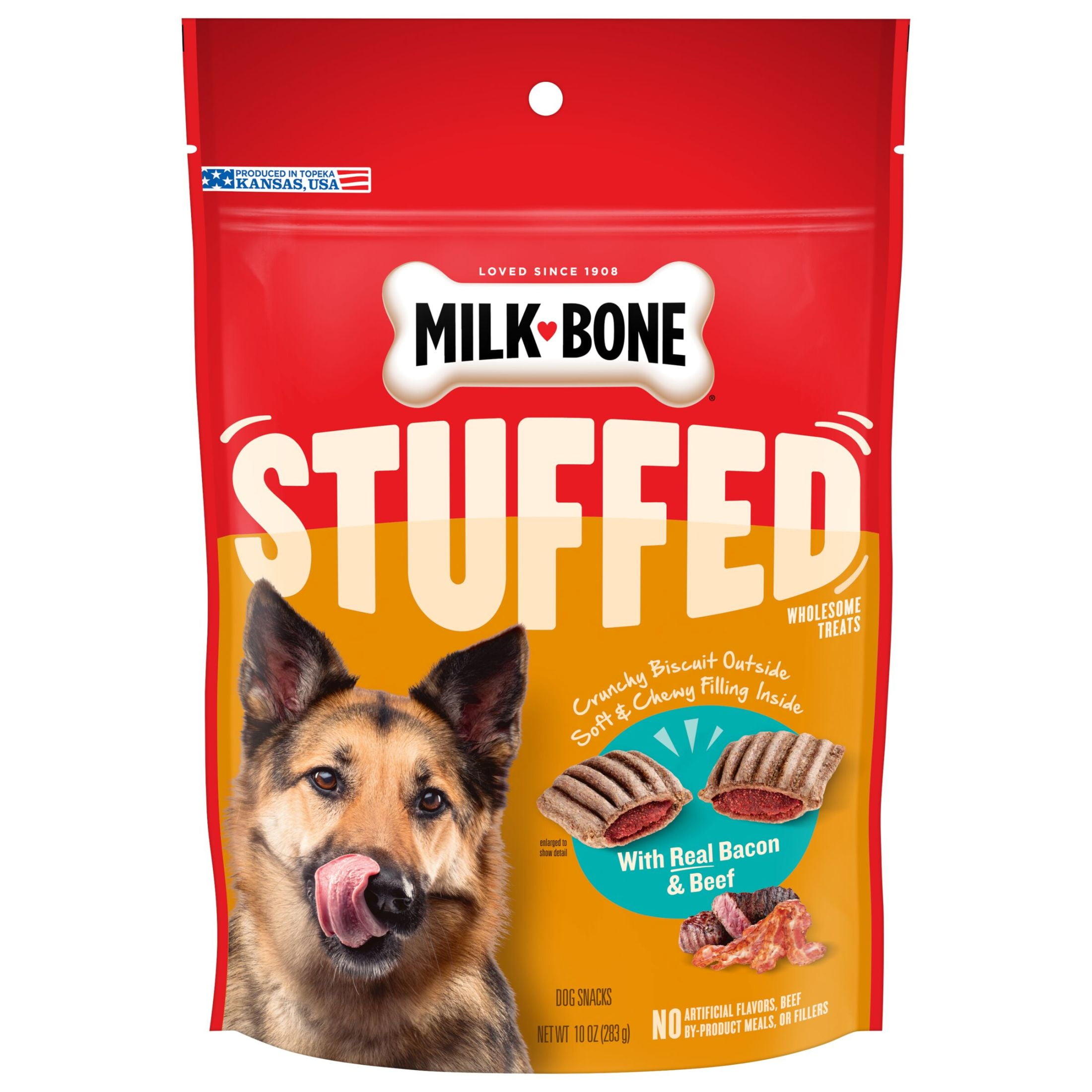 Milk-Bone Crunchy Stuffed Dog Treats with Real Bacon & Beef in 10 oz ...