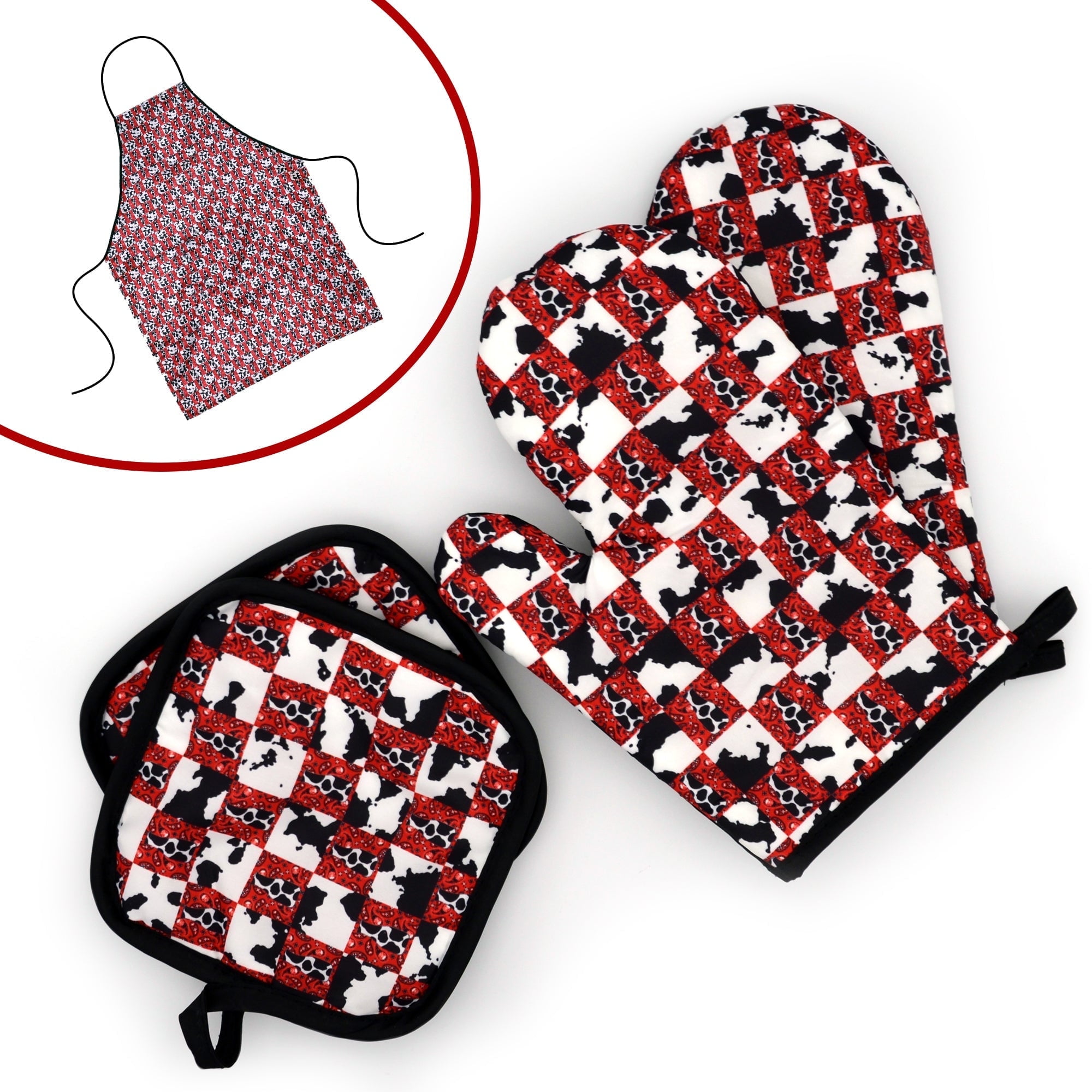 Milk Bottle Checker Cow Print Oven Mitts Pot Holders and Apron Set ...