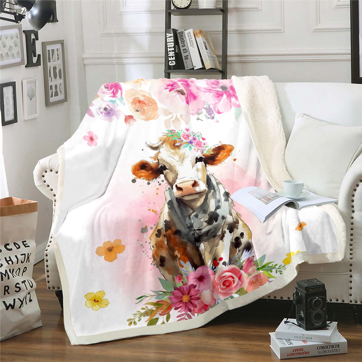 Milk Cow 40"x50" Throw Blanket , Bohemian Flowers Fleece Blanket Bull ...