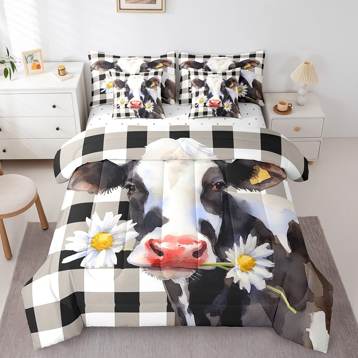 Milk Cow Bed in a Bag King Size Comforter Set 7 Pieces,Bull Cattle Bedding Set Farm Animals ...