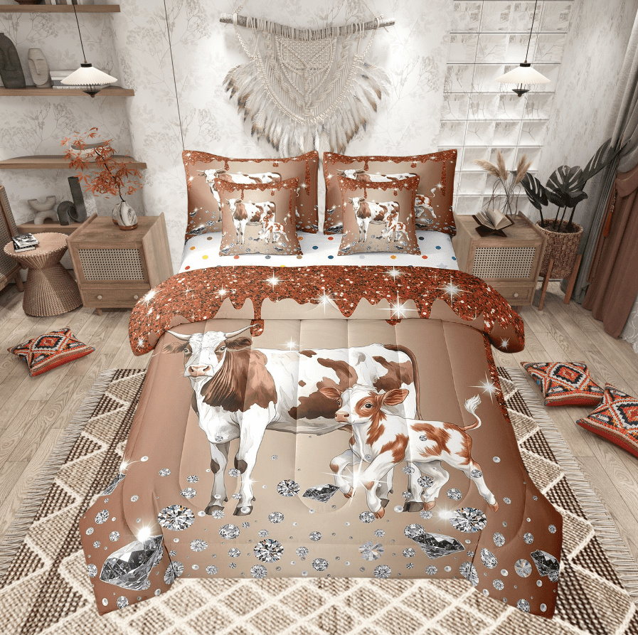 Milk Cow Bed in a Bag Queen Comforter Set 7 Piece,Brown Sequin Fluid ...