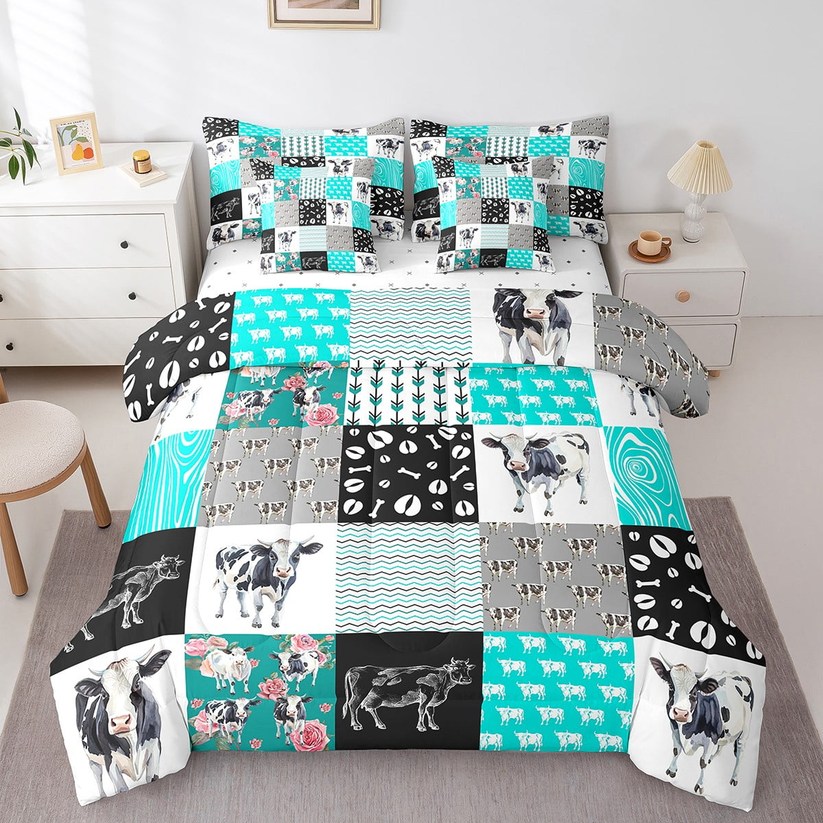 Milk Cow Bed in a Bag Queen Comforter Set 7 Piece,Farm Animals Bedding ...