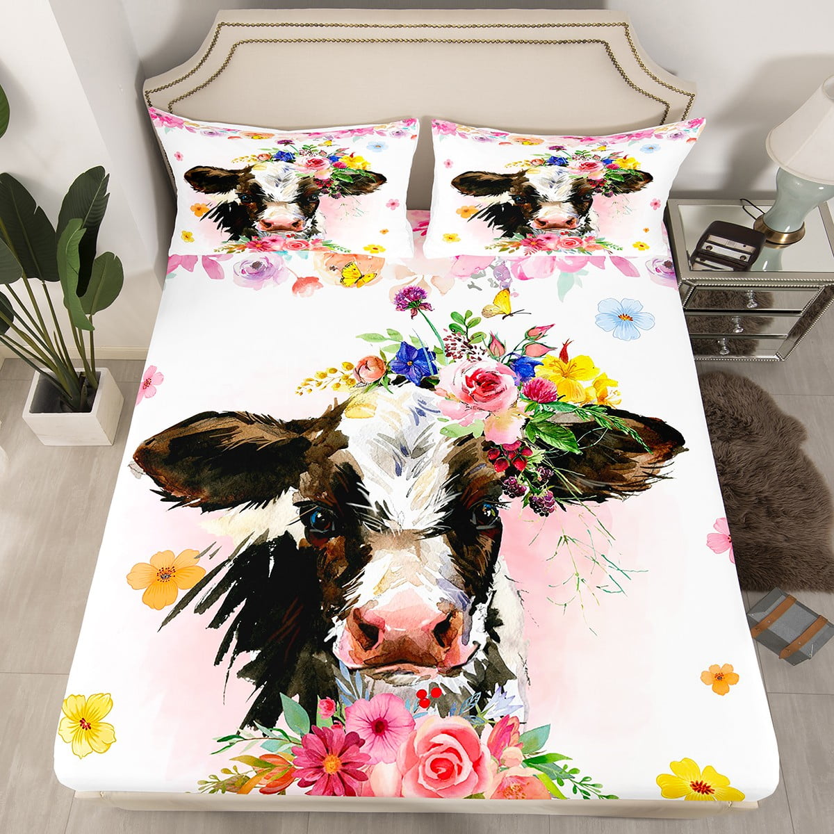 Milk Cow Bed Sheets , Flowers Bedding Set Bull Cattle Farm Animals ...