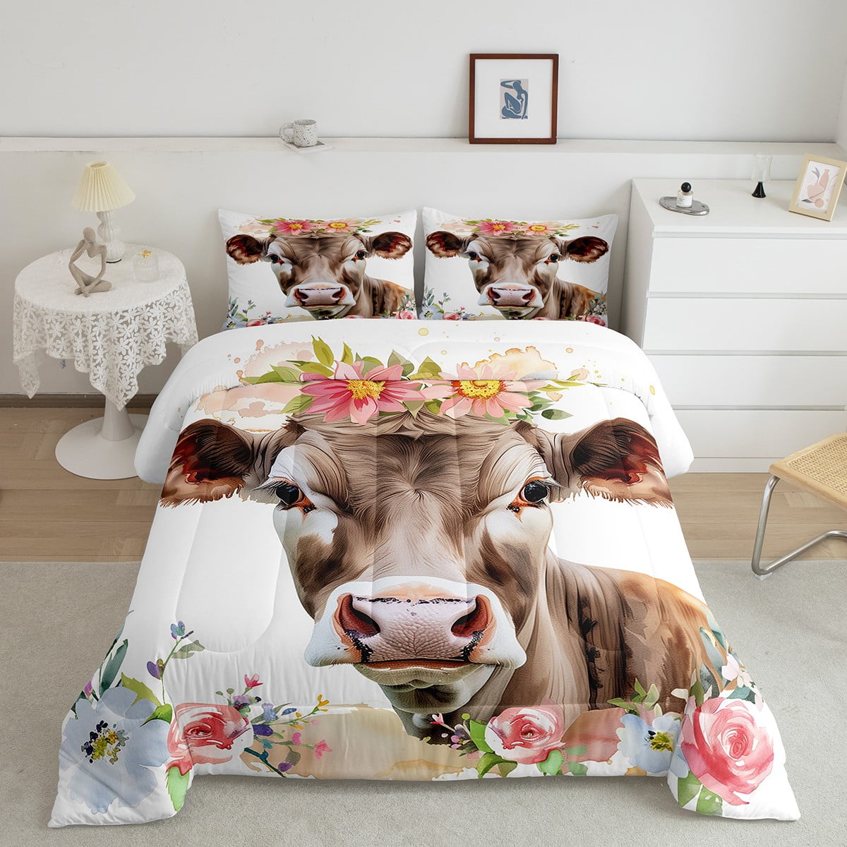 Milk Cow Bedding Set , Bohemian Flowers Quilt Bull Cattle Farm Animals ...