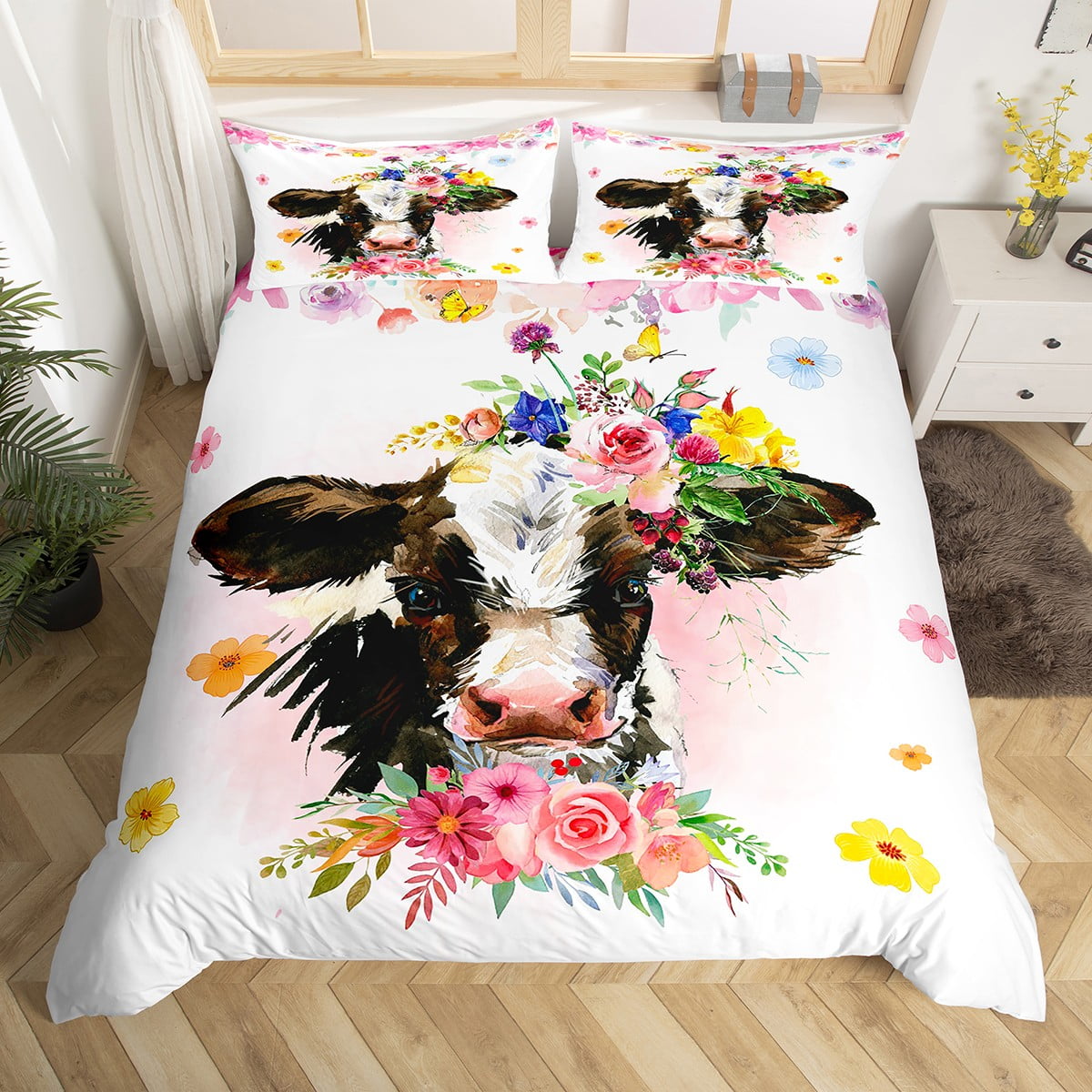 Milk Cow Bedding Set,Flowers Comforter Cover Bull Cattle Farm Animals ...
