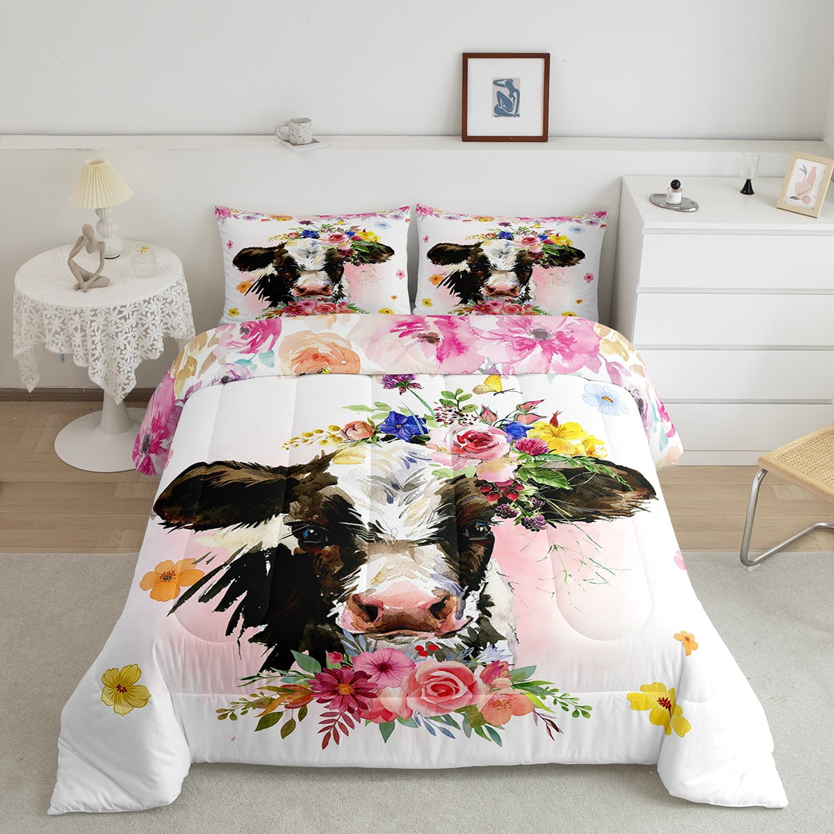 Milk Cow Bedding Set,Flowers Quilt Bull Cattle Farm Animals Comforter ...