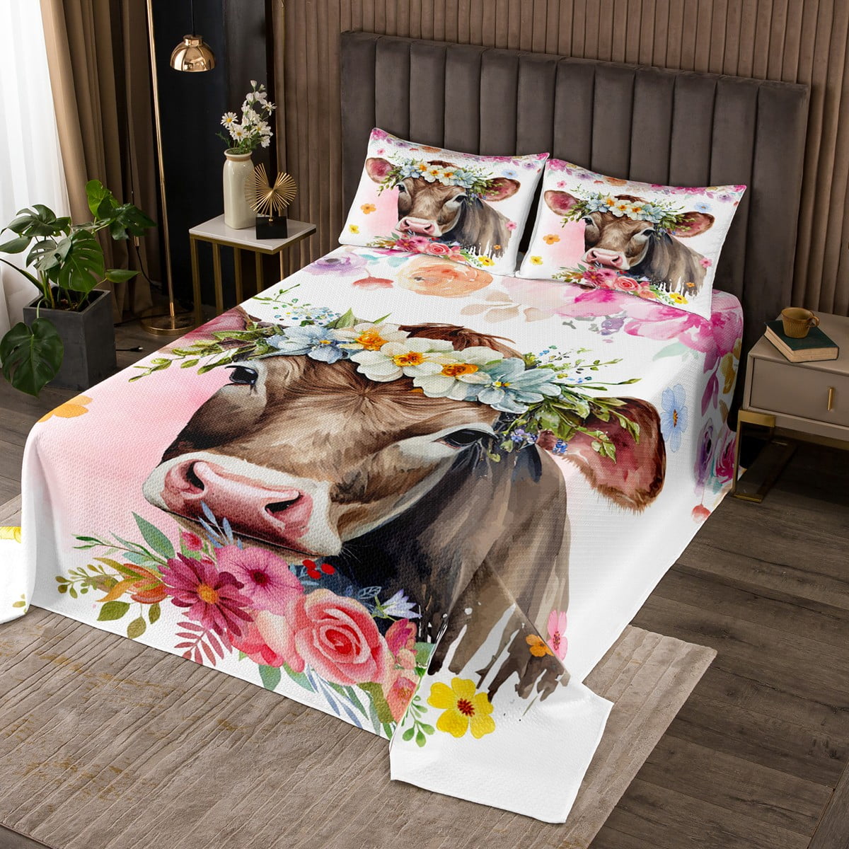 Milk Cow Bedspread Set for Boys,Girls Bohemian Flowers Coverlet Set ...