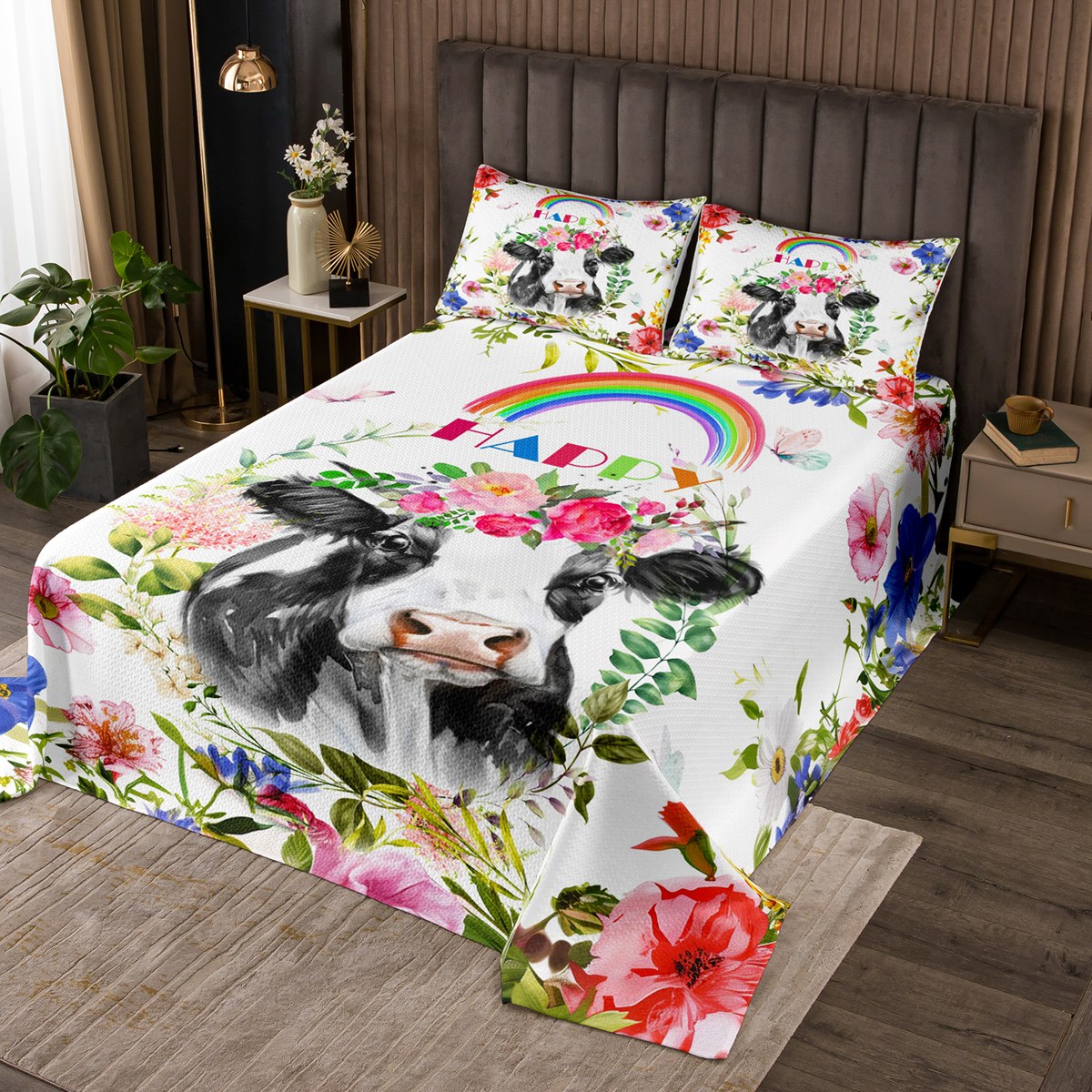 Milk Cow Bedspread Set for Girls Women,Kawaii Cattle Cow Quilt Set King ...