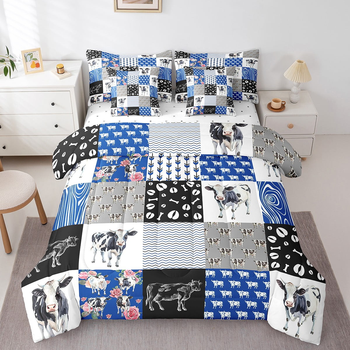 Milk Cow Comforter Set 7 Piece Bed in a Bag Twin,Farm Animals Bedding ...