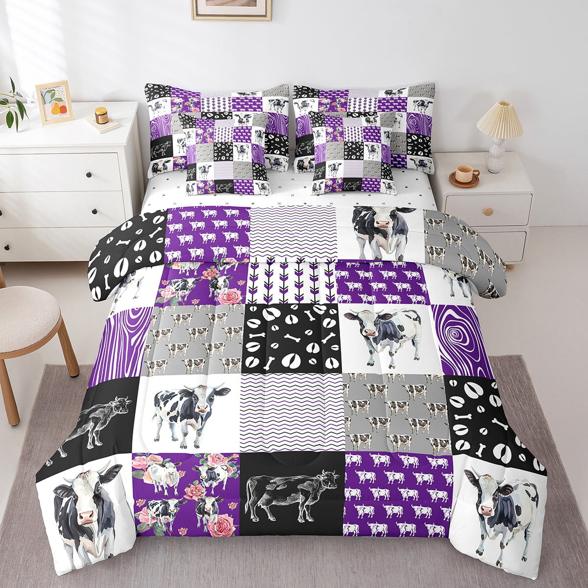 Milk Cow Comforter Set 7 Piece Bed in a Bag Twin,Farm Animals Bedding ...