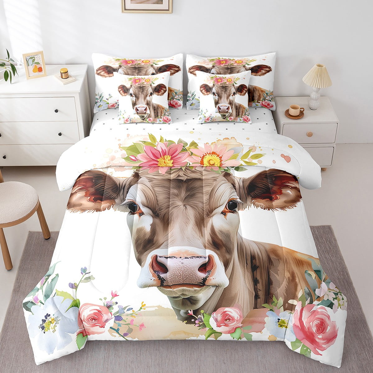 Milk Cow Comforter Set,7 Pieces Girls Bohemian Flowers Twin Bed in a ...