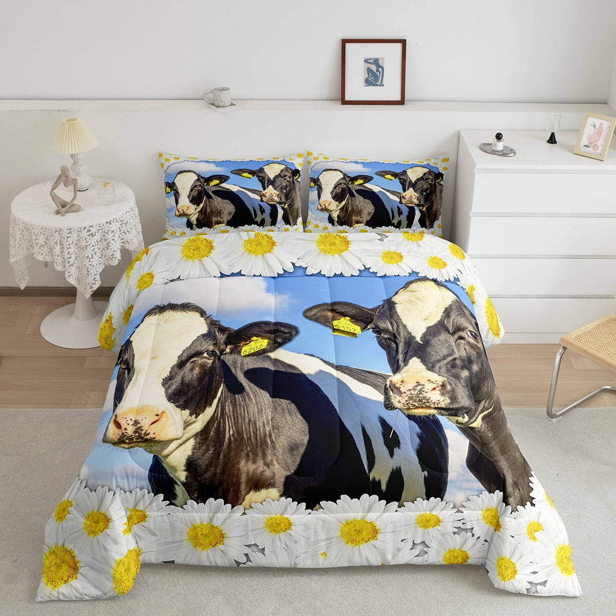 Milk Cow Comforter Set Daisy Flowers King Bedding Set Cowboys Gifts for ...