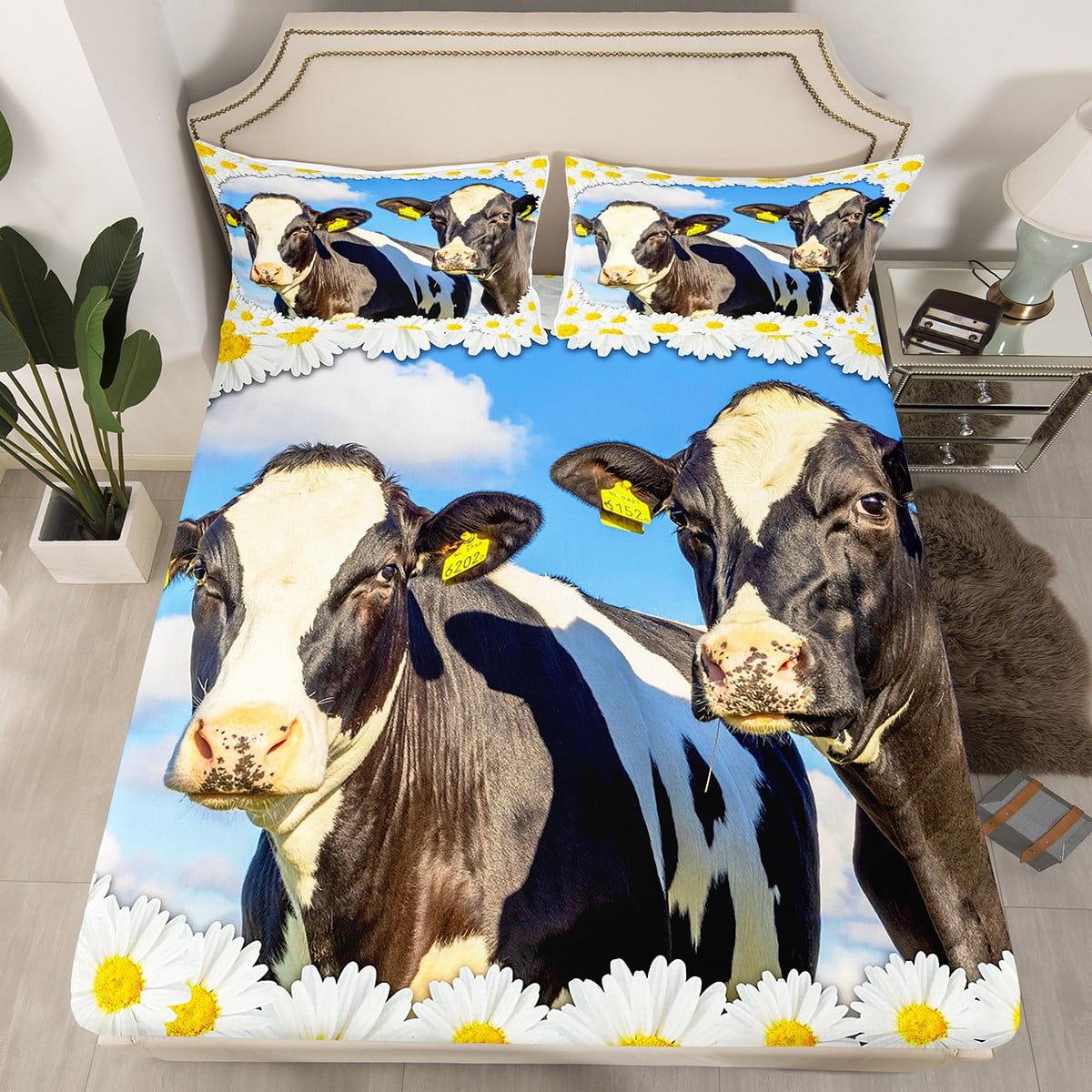 Milk Cow Fitted Sheet Daisy Flowers Full Bed Sheets for Girls Cowboys ...
