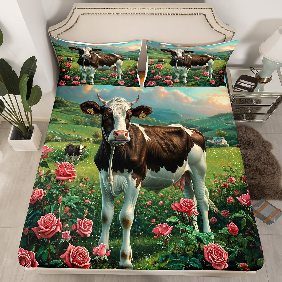 Milk Cow Fitted Sheet Farm Bull Cattle Bed Sheets Queen,Rose Flowers ...