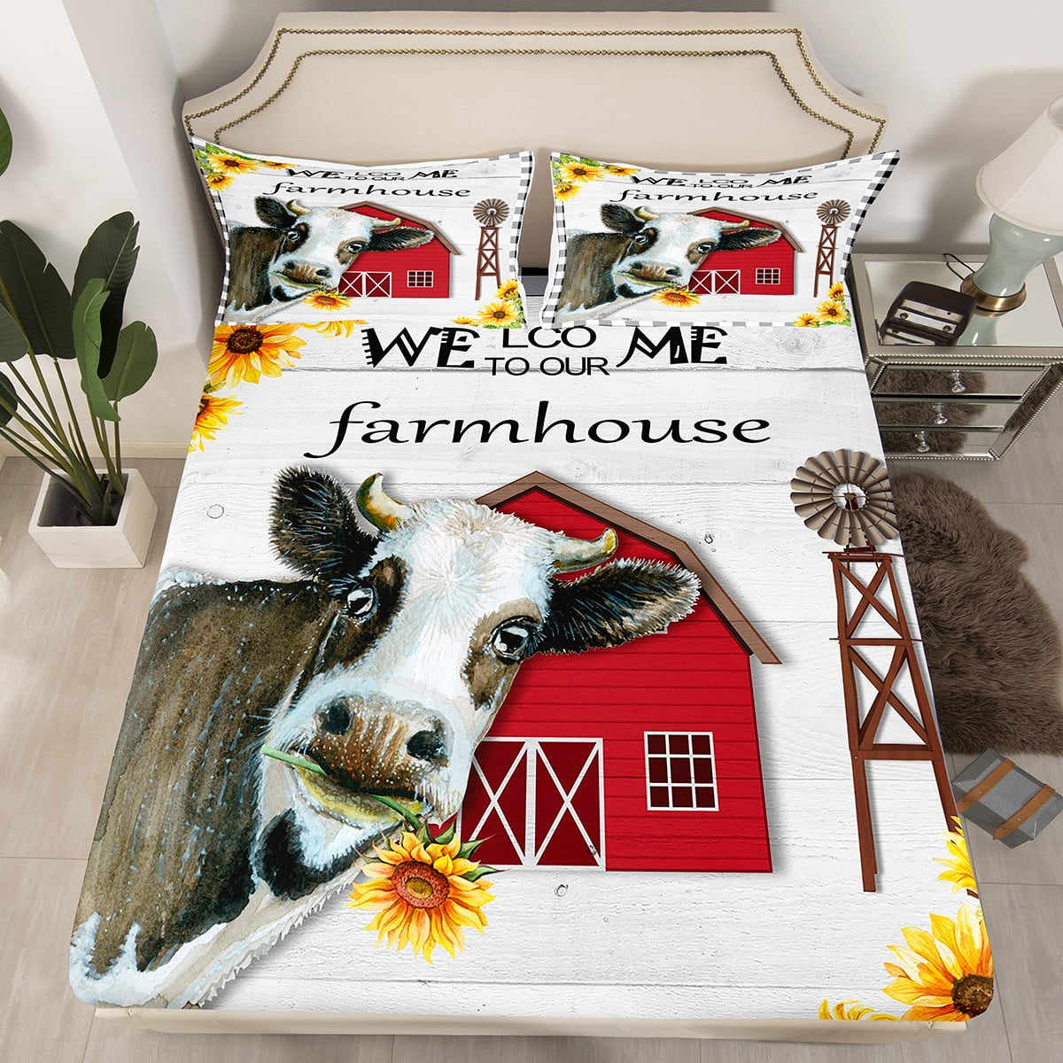 Milk Cow Fitted Sheet Garden Windmill Decor Farmhouse Bed Sheets Twin ...