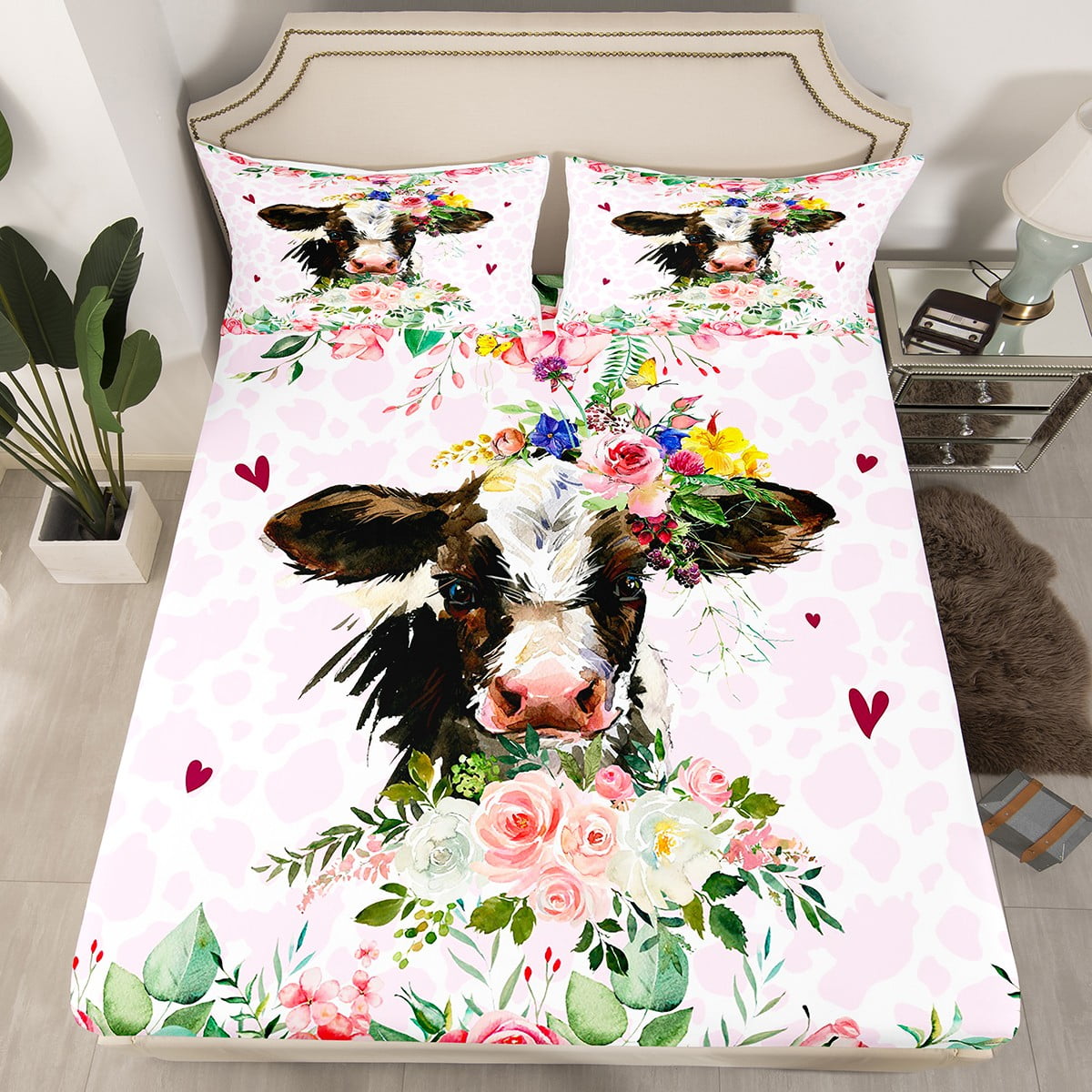 Milk Cow Full Bed Sheets,Pink Cow Print Bedding Set Bohemian Flowers ...