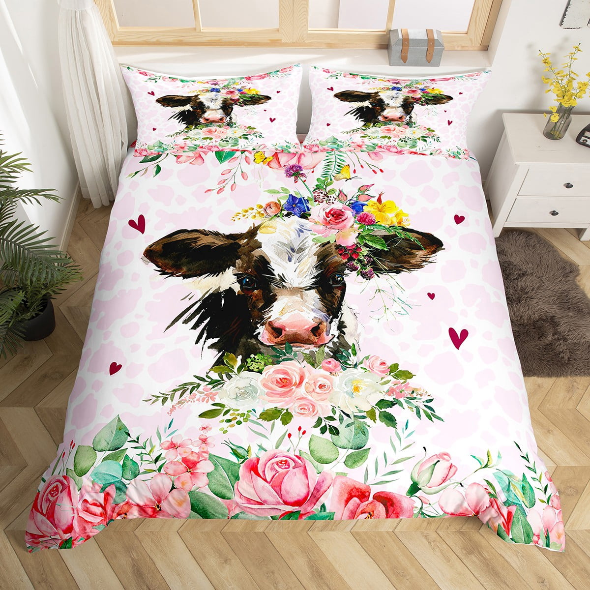 Milk Cow Full Bedding Set for Boys,Pink Cow Print Comforter Cover ...